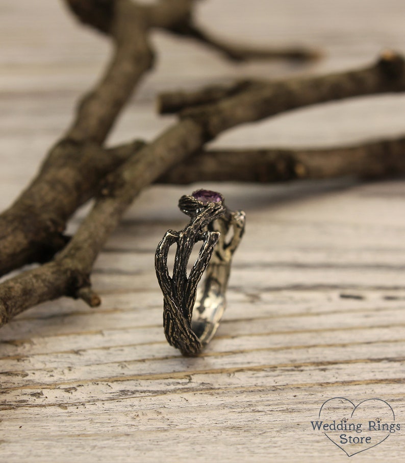 Twisted branch white gold ring with amethyst Women's | Etsy