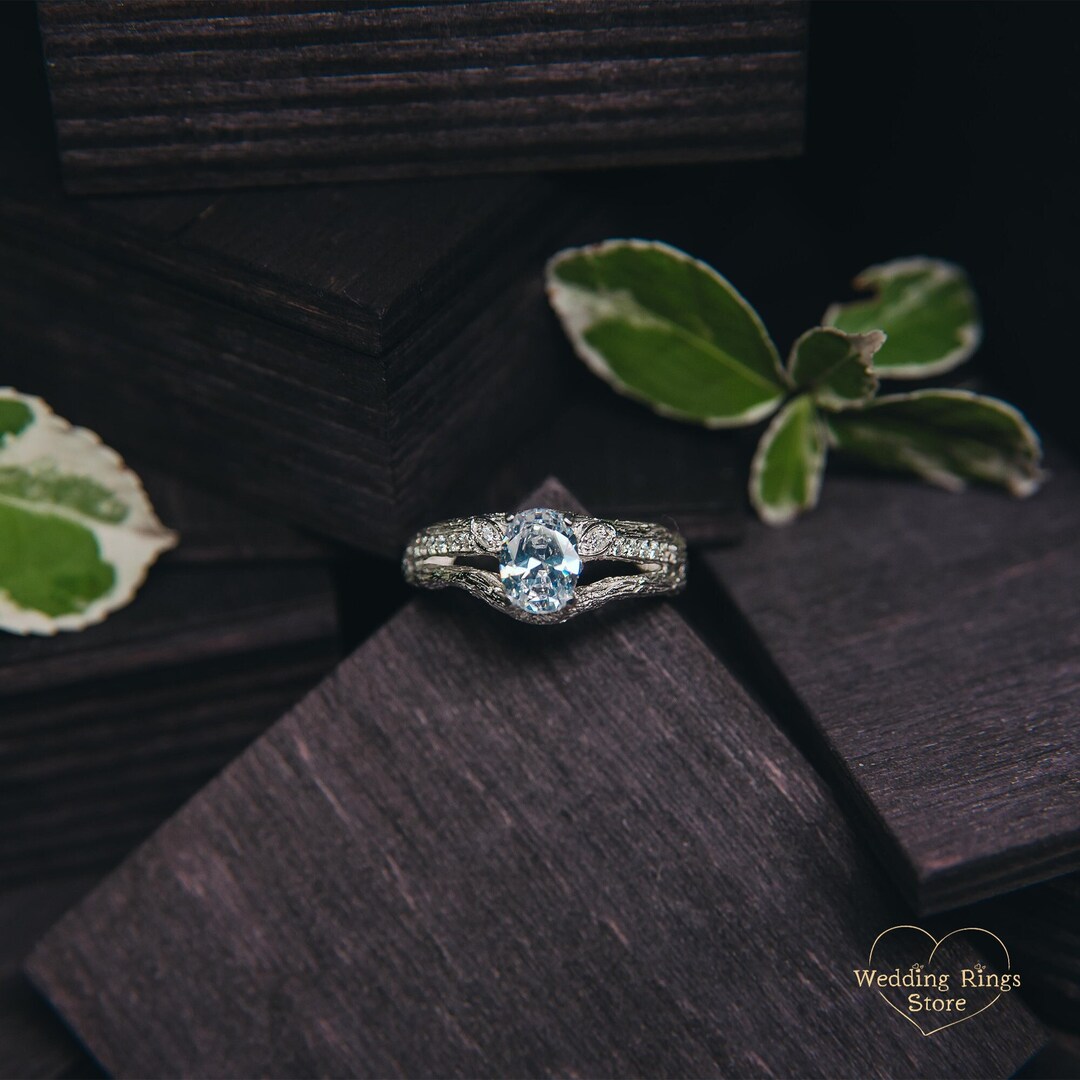 Oval Cut Diamond Engagement Ring Silver Nature Inspired, Promise Ring ...