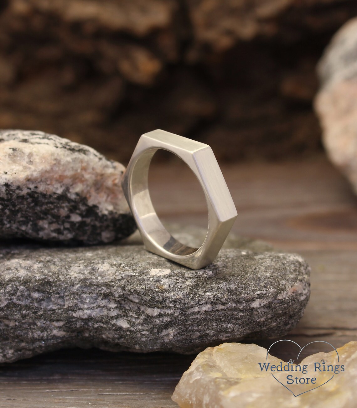 Hexagon Sterling Silver Wedding Ring, Men's Hexagon Matte Band, Durable ...
