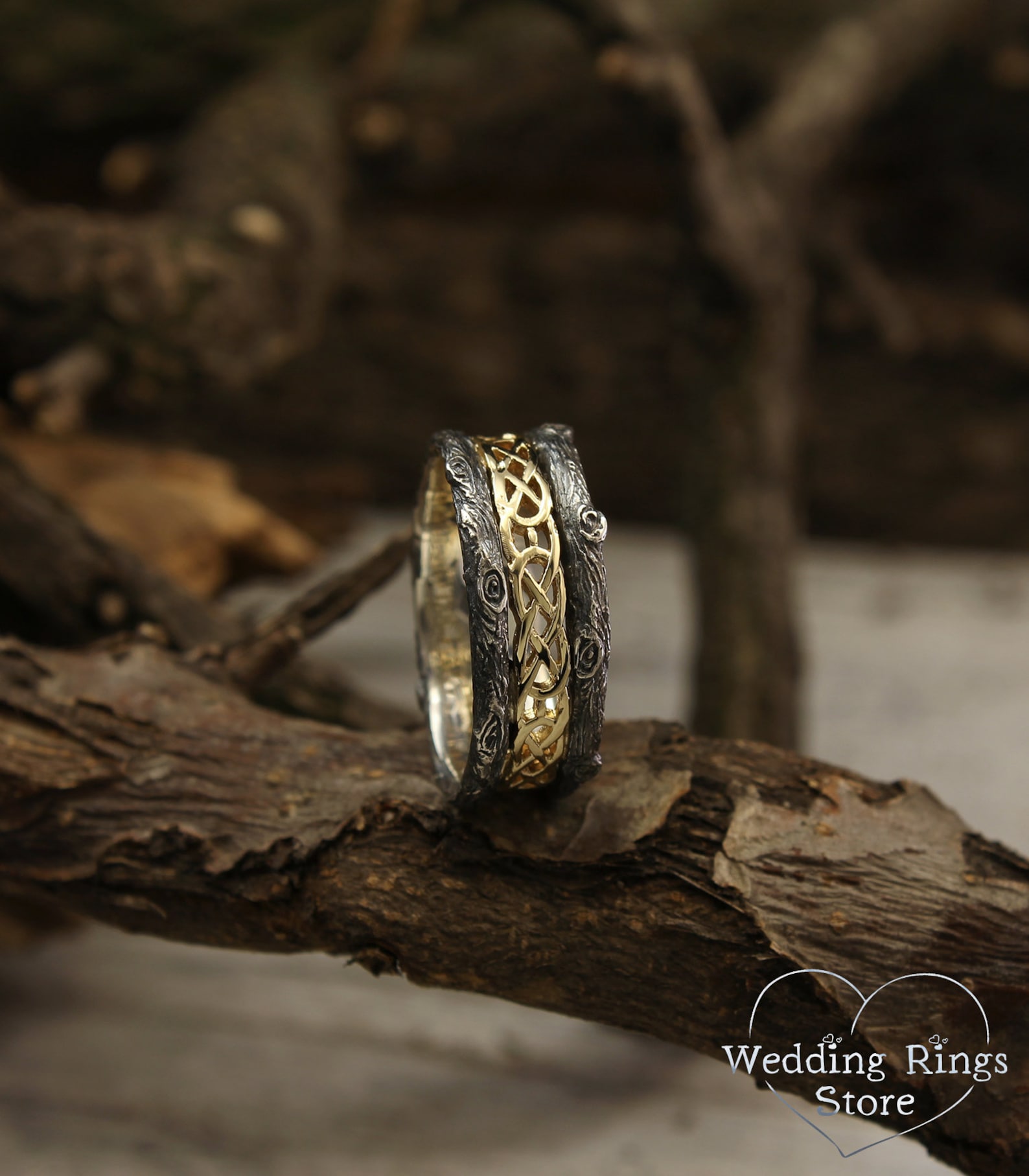 Tree Mixed Metals Wedding Band With Celtic Pattern Celtic - Etsy