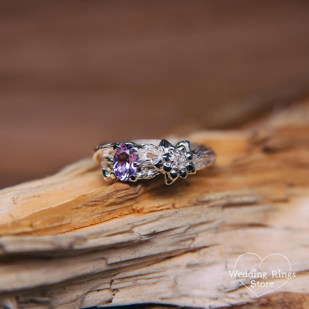 Branch and Edelweiss Flower Engagement Ring Oval Alexandrite on Floral ...