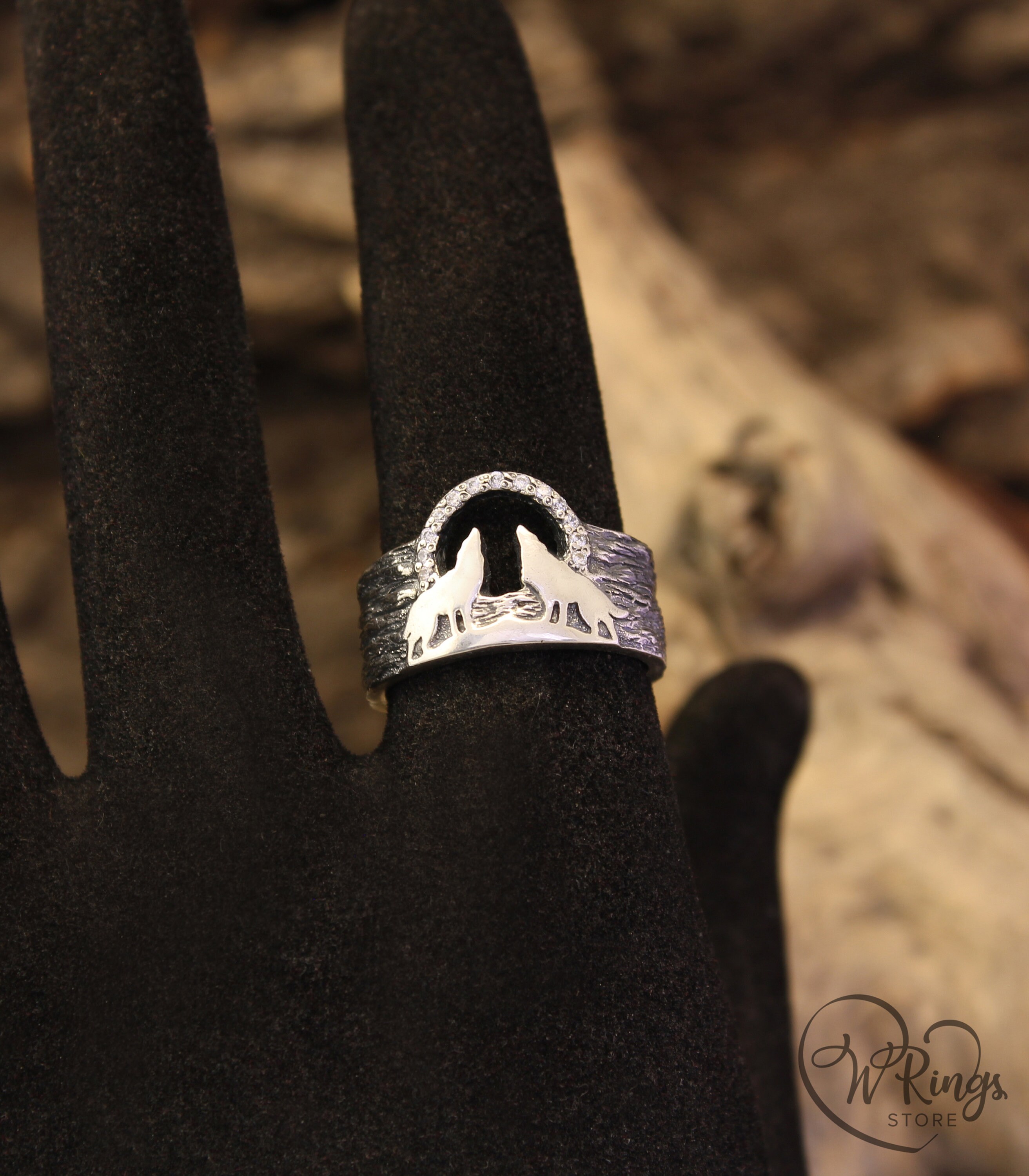 Two wolves sterling silver band with cubic zirconia Unique | Etsy