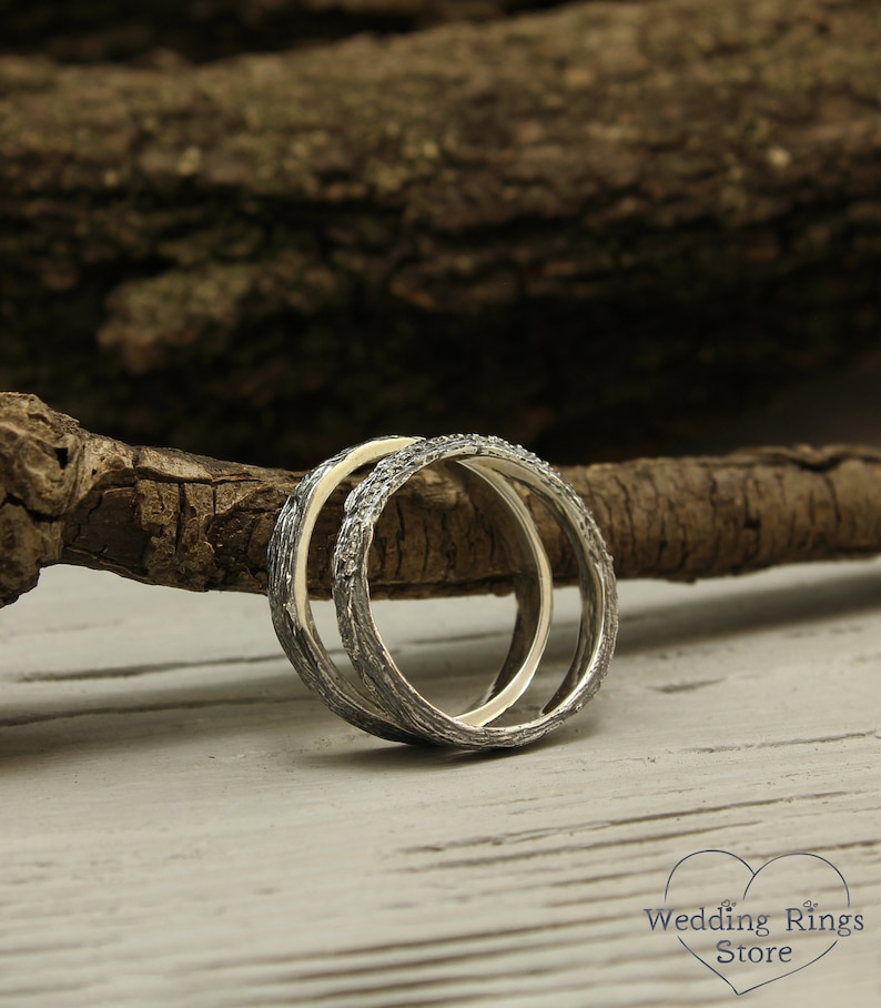 His and Her band set Forest rings set Tree bark bands | Etsy