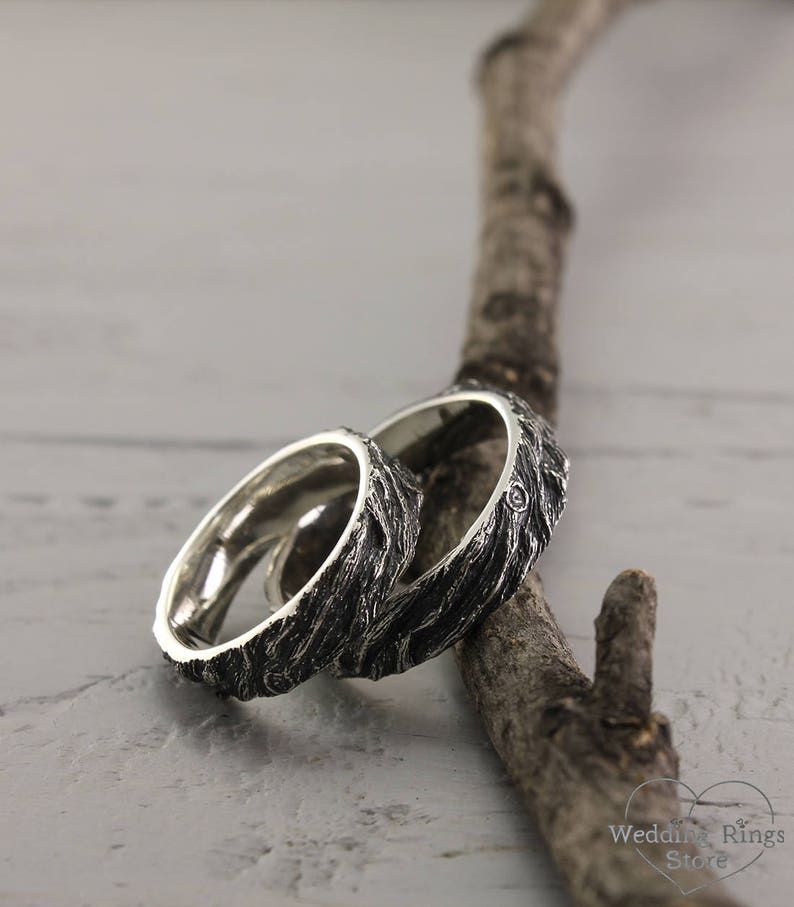 Unusual Tree Bark Wedding Bands Set, His and Her Tree Bark Rings, Wild ...