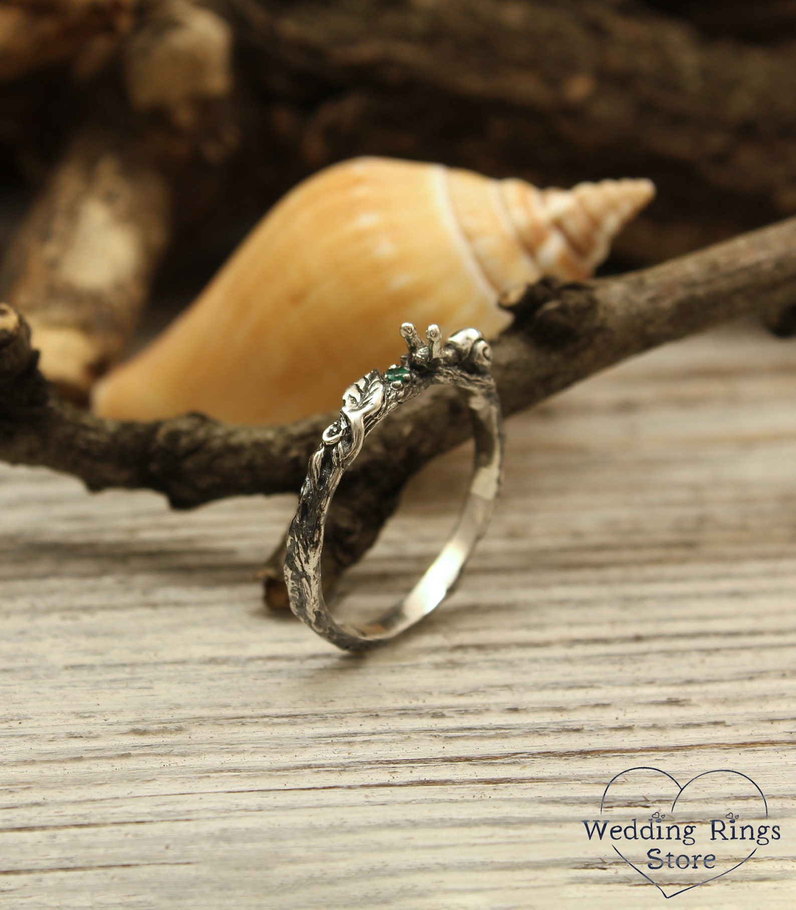 Snail on a Branch Ring With Emerald Tiny Sterling Silver - Etsy