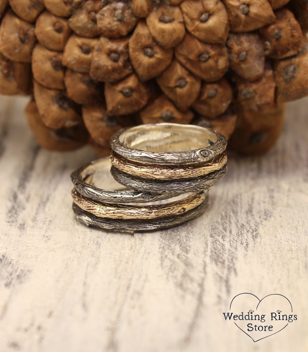 Forest Tree Mixed Metal Matching Wedding Bands Set His and Hers Unique ...