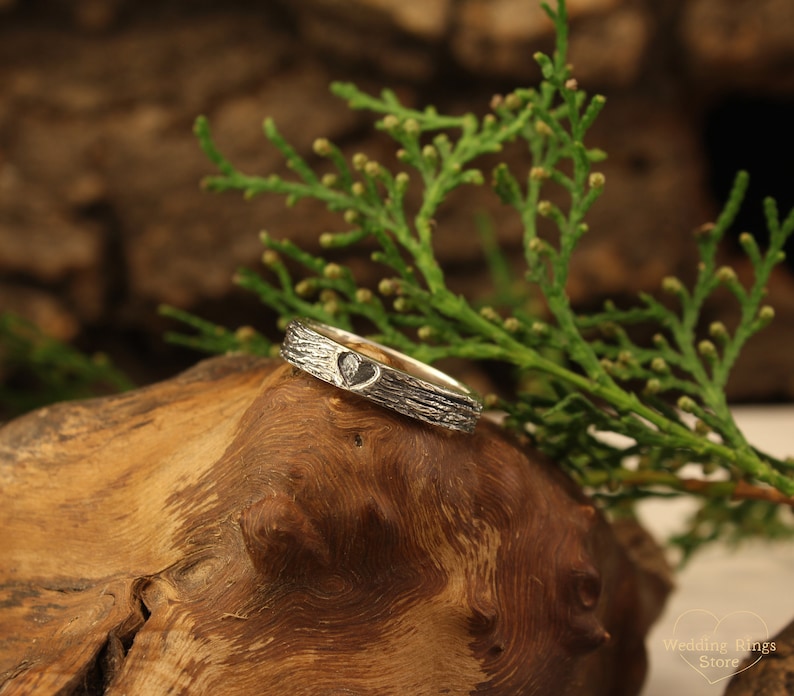 Heart Nature Wedding Ring Sterling Silver Tree Bark Textured Forest ...