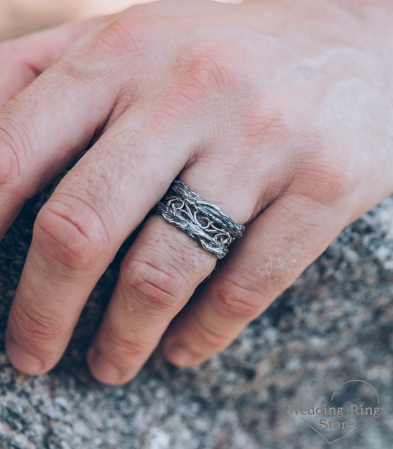 Rustic Style Tree Band Unique Men's Silver Wedding Band - Etsy