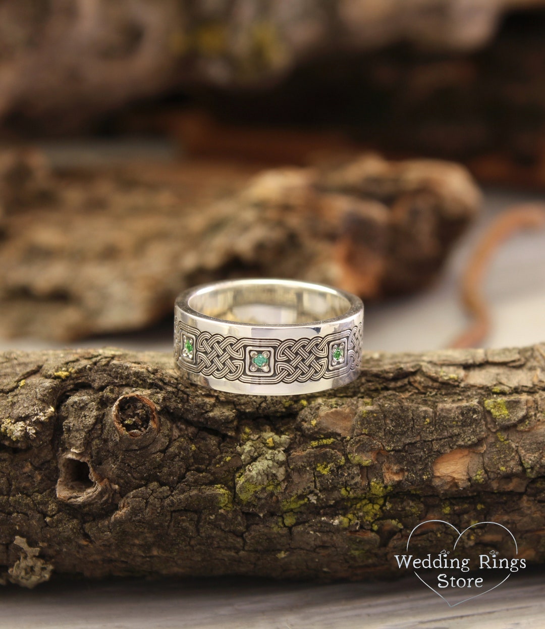Modern Wide Celtic Wedding Band Multi Gemstone — Sterling Silver Emerald Ring Band With Irish ...