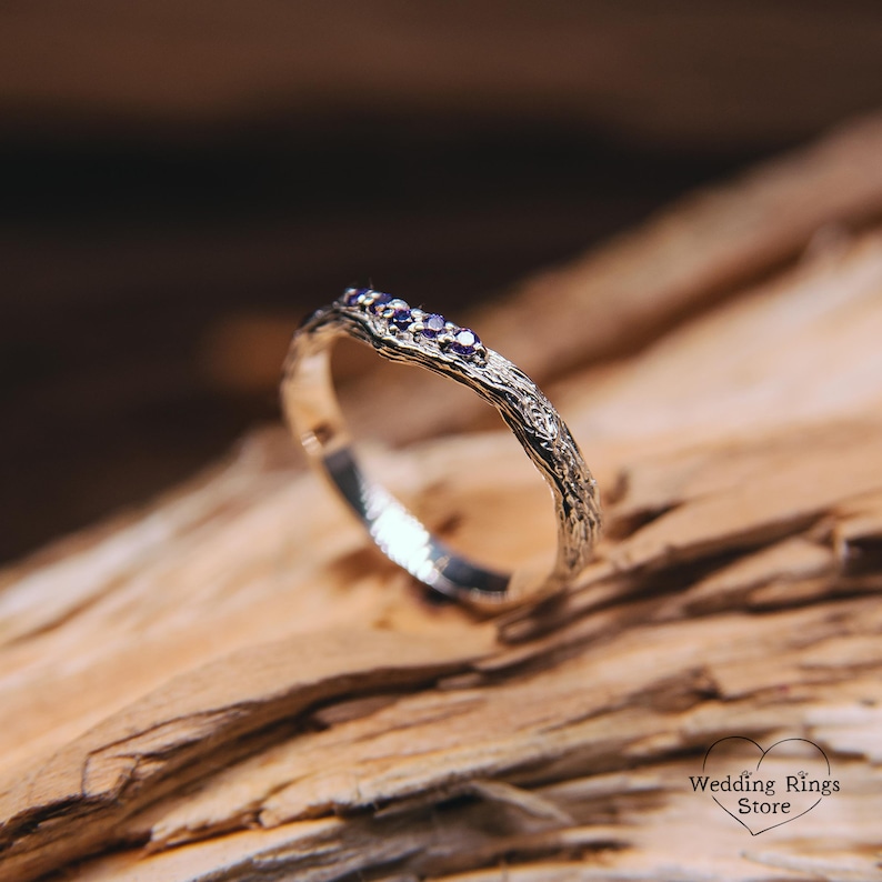 Multi Stone Amethysts Curved Wedding Band Silver Tree Bark Nature ...