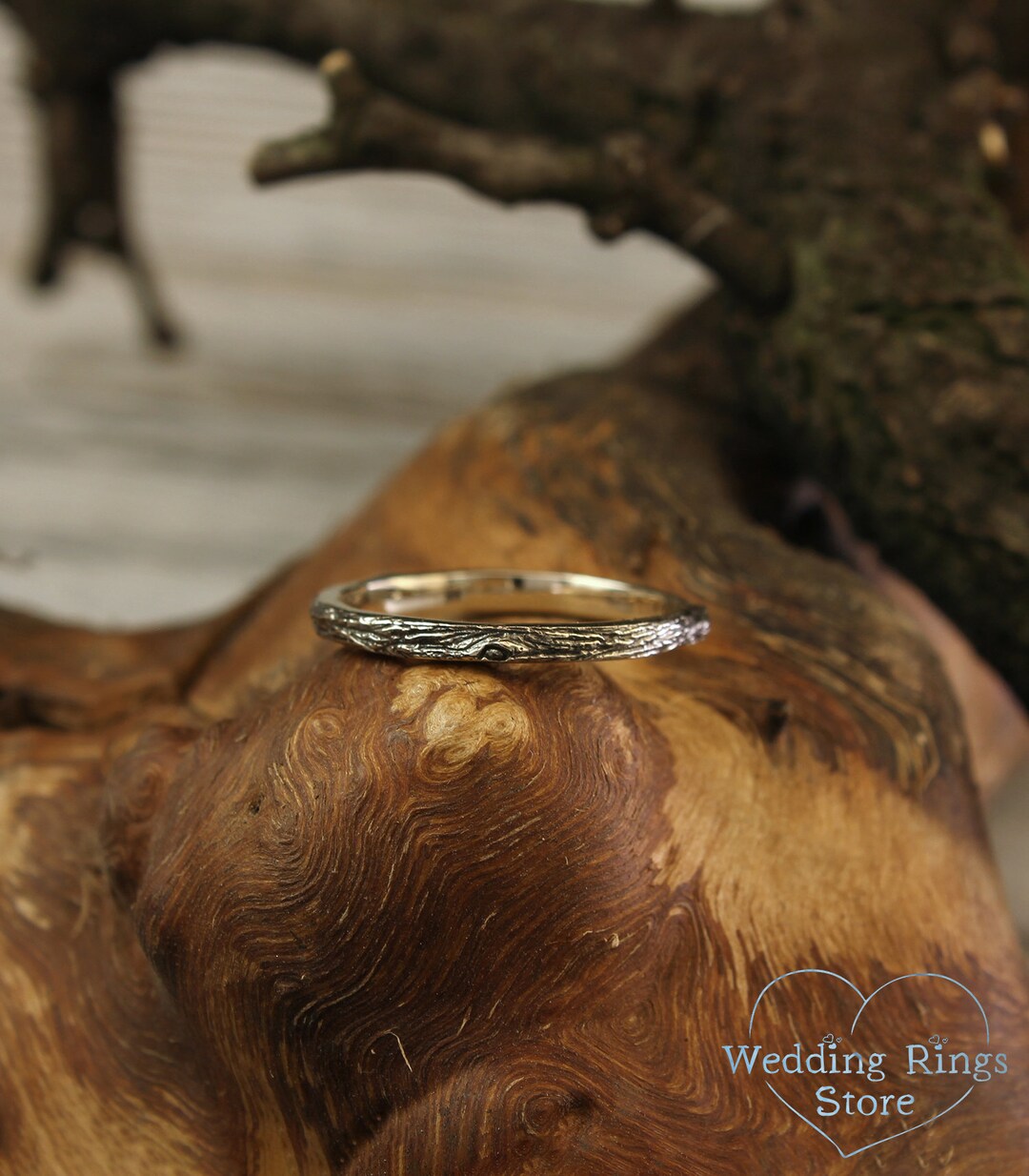 Tree Dainty Wedding Band, Tree Bark Wedding Ring, Tree Tiny Ring, Small ...