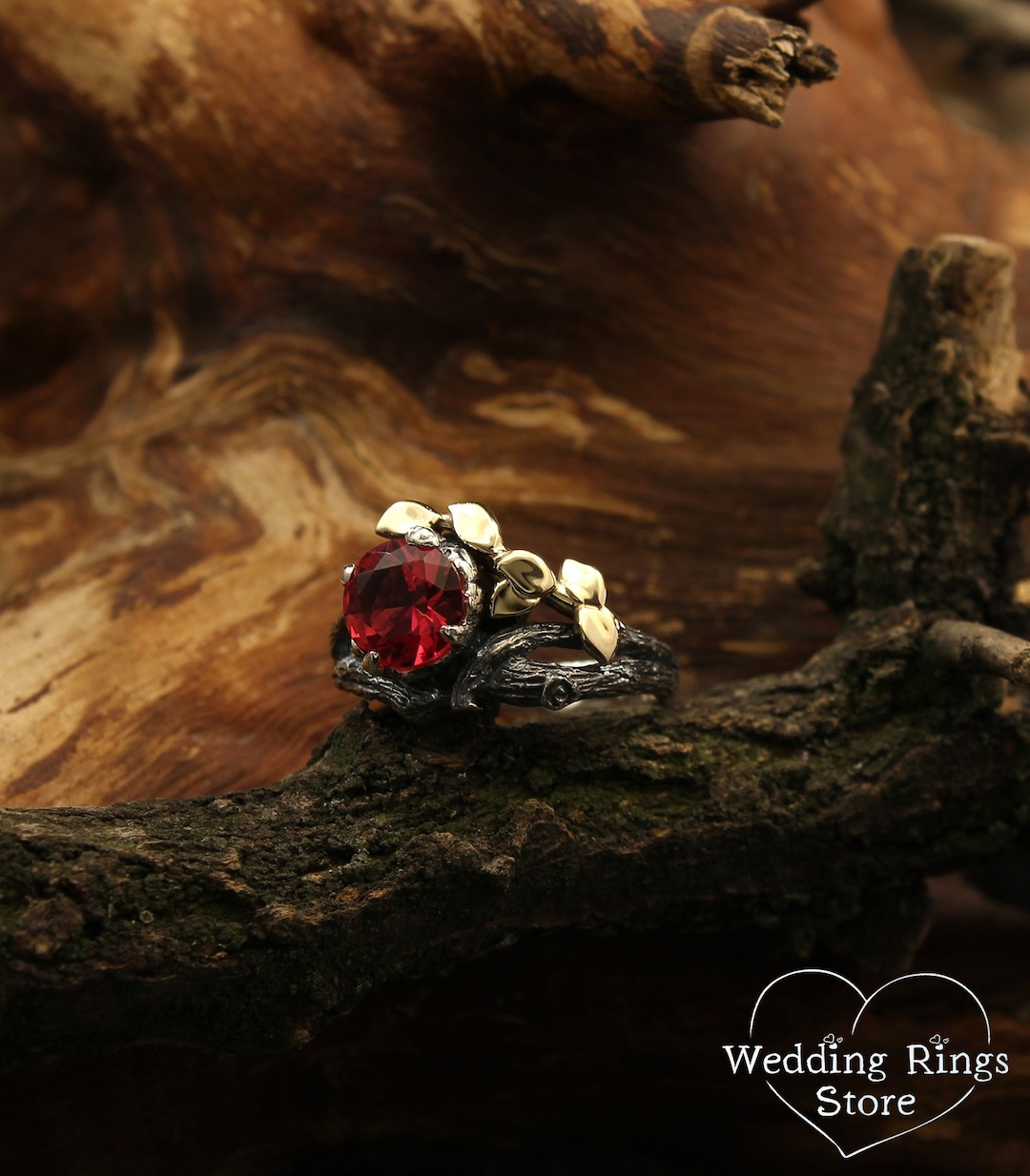 Unique Leaves and Branch Engagement Ring With Ruby, Twig Engagement ...