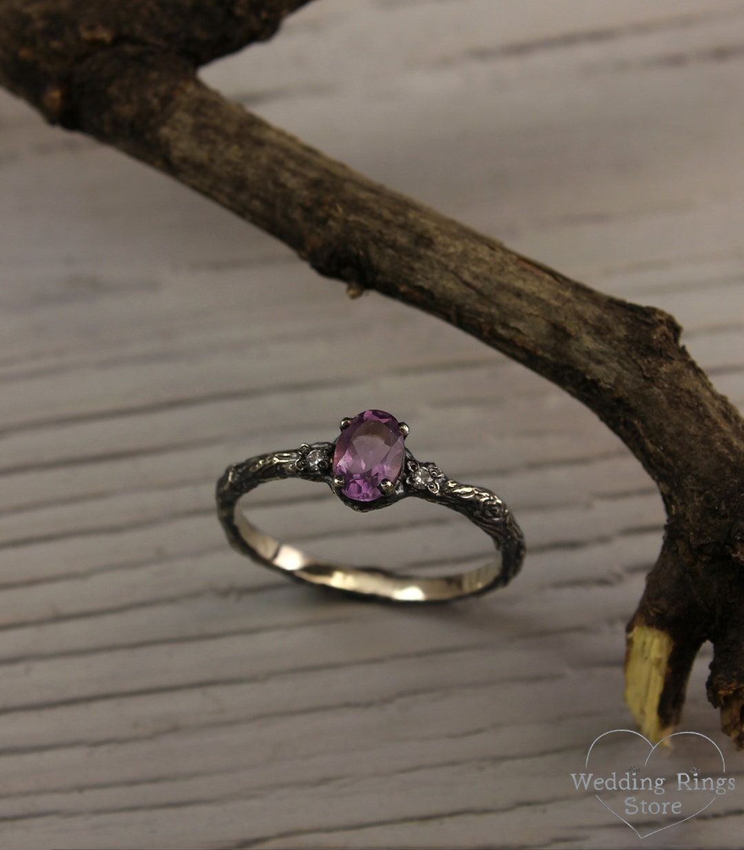 Small Branch White Gold Engagement Ring, Amethyst and Diamonds Branch ...