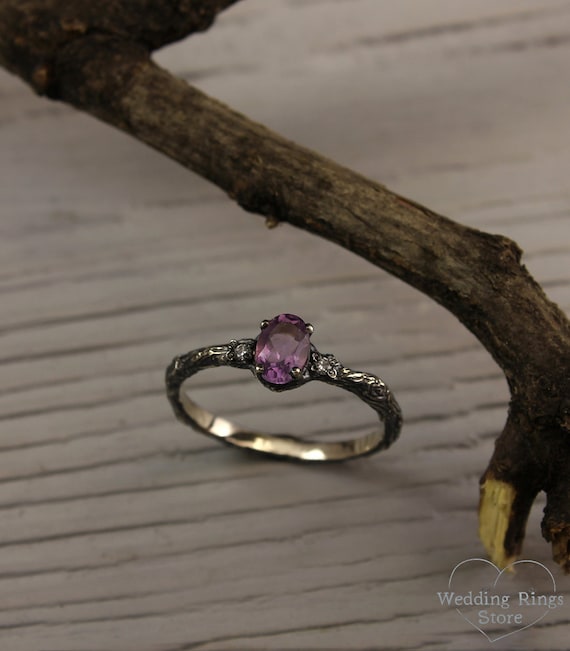Small branch white gold engagement ring Amethyst and Diamonds | Etsy