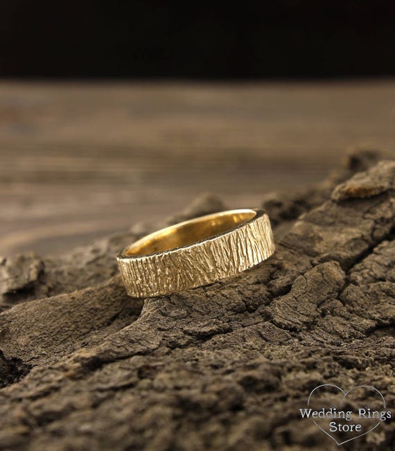 Tree bark gold band Tree wedding ring Men tree band Unique | Etsy