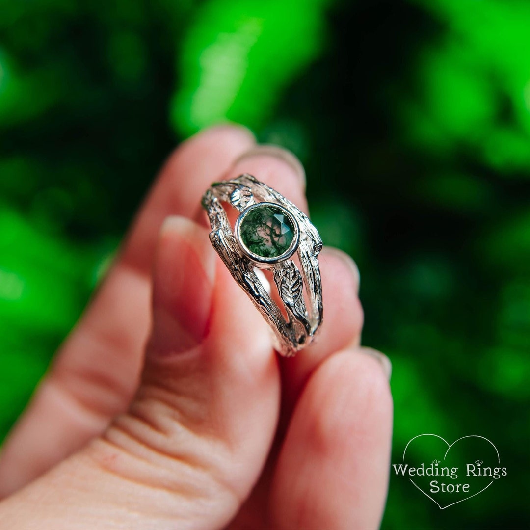 Bezel Moss Agate Engagement Ring, Split Vintage Style Silver Leaves and ...