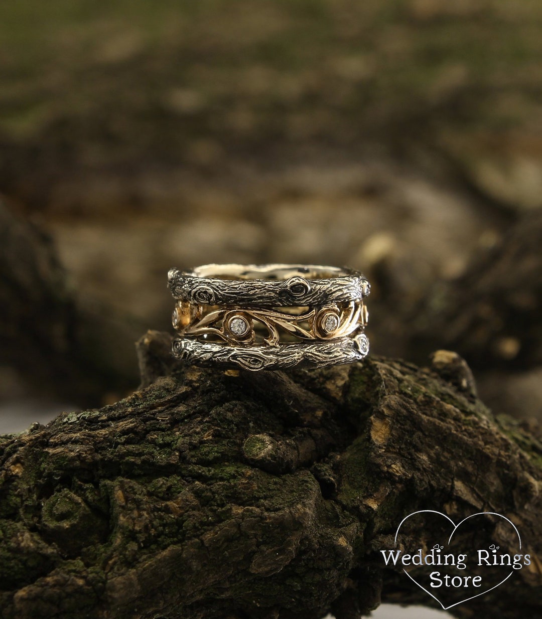 Tree Bark and Diamonds Vintage Style Wedding Band, Diamond Wedding Band ...