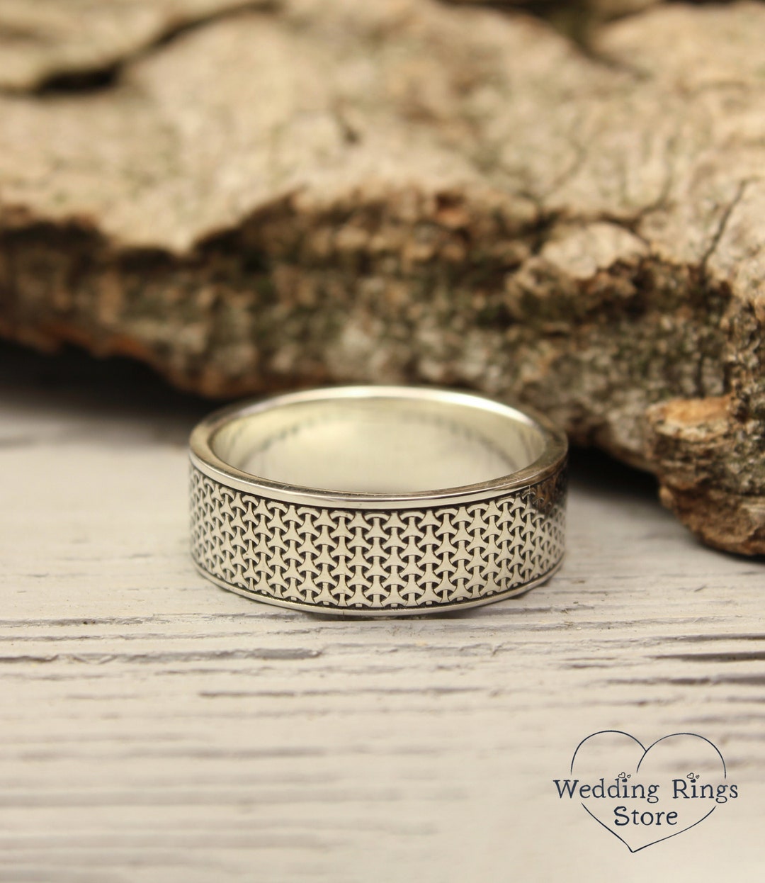 Wide Mens Wedding Band Silver Art Deco Pattern, Unique Geometric Ring ...