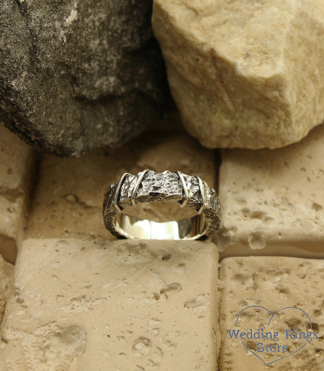 Men's Hammered Wedding Band in Silver, Unique Men's Rocky Wedding Ring ...