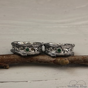 Vintage Style Tree Wedding Bands Set With Emeralds, His and Her Tree ...