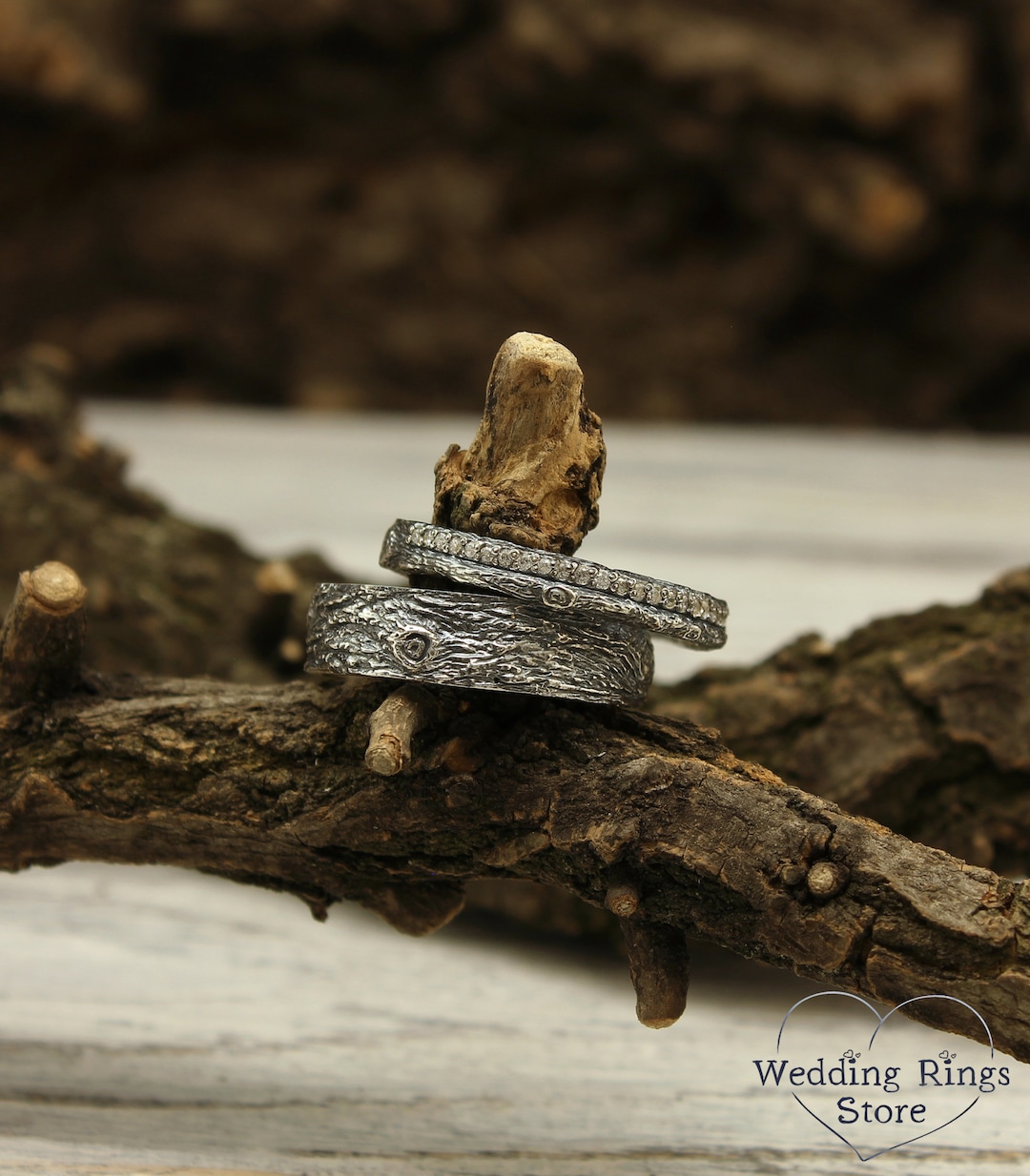 Tree Bark His and Her Ring Set, Forest Wedding Bands Set, Matching Tree ...