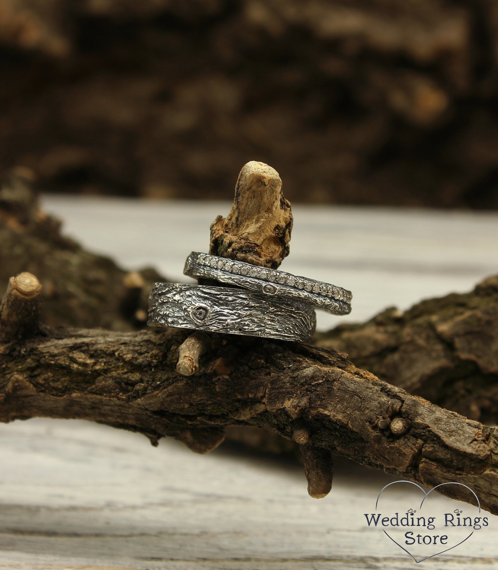 Tree Bark His and Her Ring Set, Forest Wedding Bands Set, Matching Tree ...