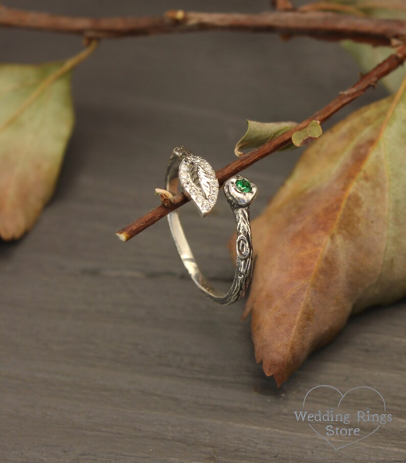 Nature Emerald Wedding Ring With Leaf Silver Bypass Organic Design ...
