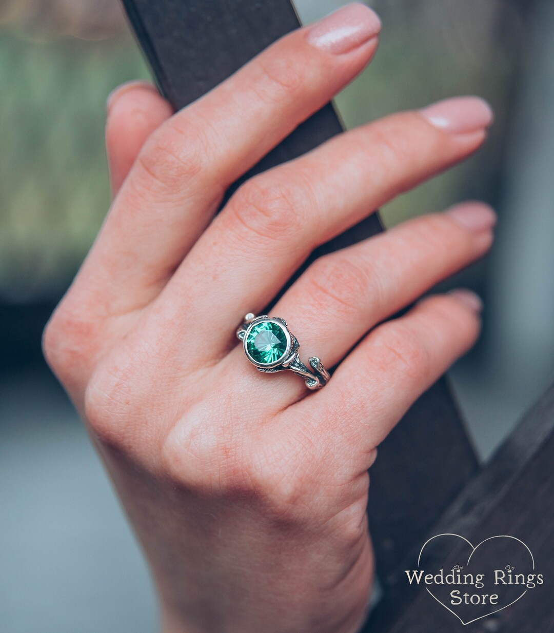 Large Green Engagement Ring Bezel Branch and Leaves Nature Statement ...