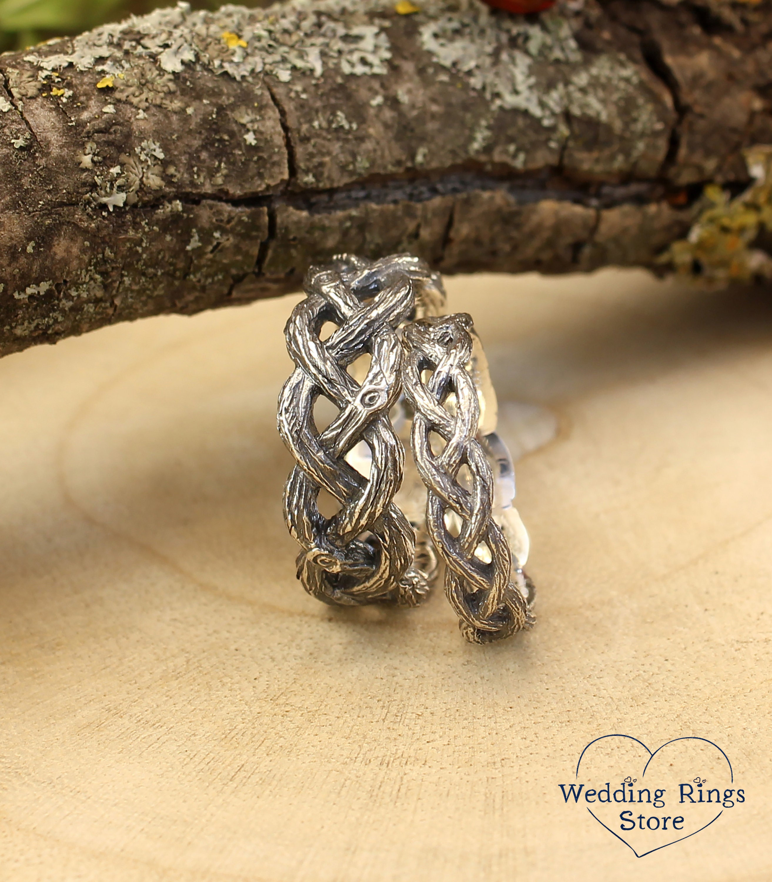 Braided Tree Branch Silver Wedding Ring Set for Him and Her - Etsy