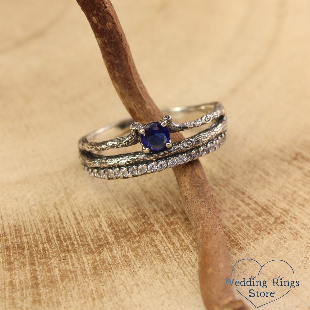 Sapphire Tree Bark Engagement Ring for Her, Elegant Double Silver Ring ...
