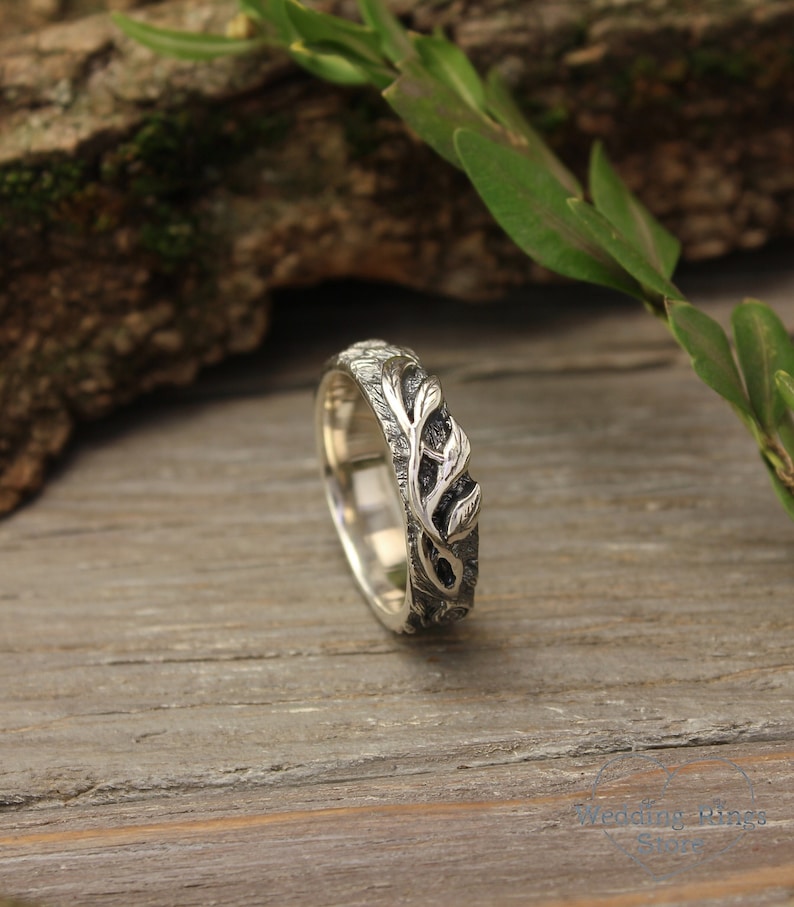 Branch and Leaves Silver Nature Wedding Band for Women Wood - Etsy
