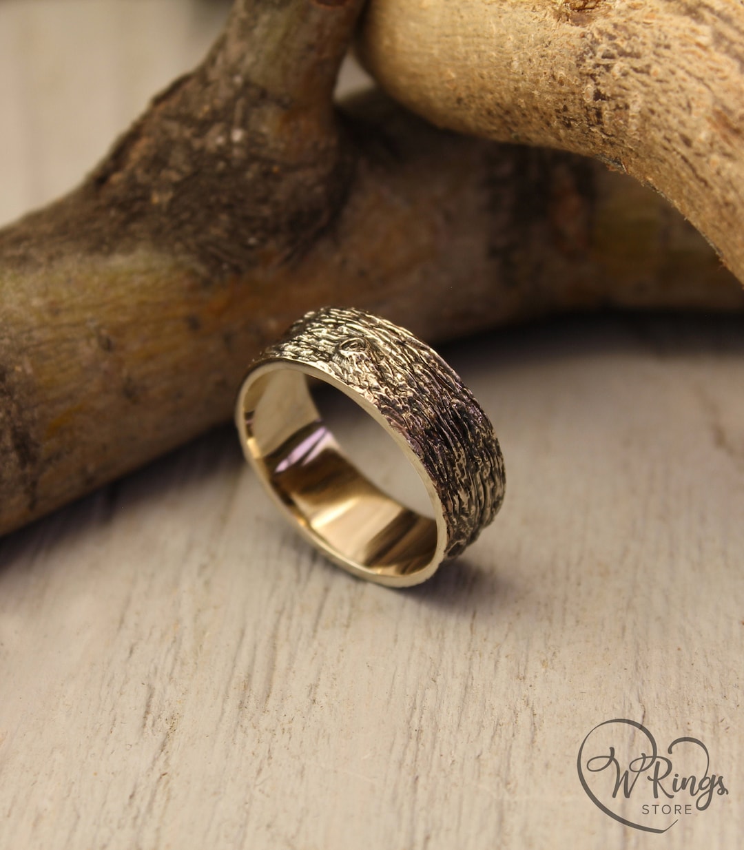 Men's Wide Tree Bark Band Made in 14k Solid White Gold, Tree Bark Bold ...
