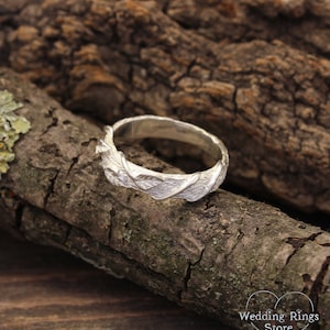 Braided Leaves Around Tree Branch Ring, Silver Tree Bark Ring, Nature ...