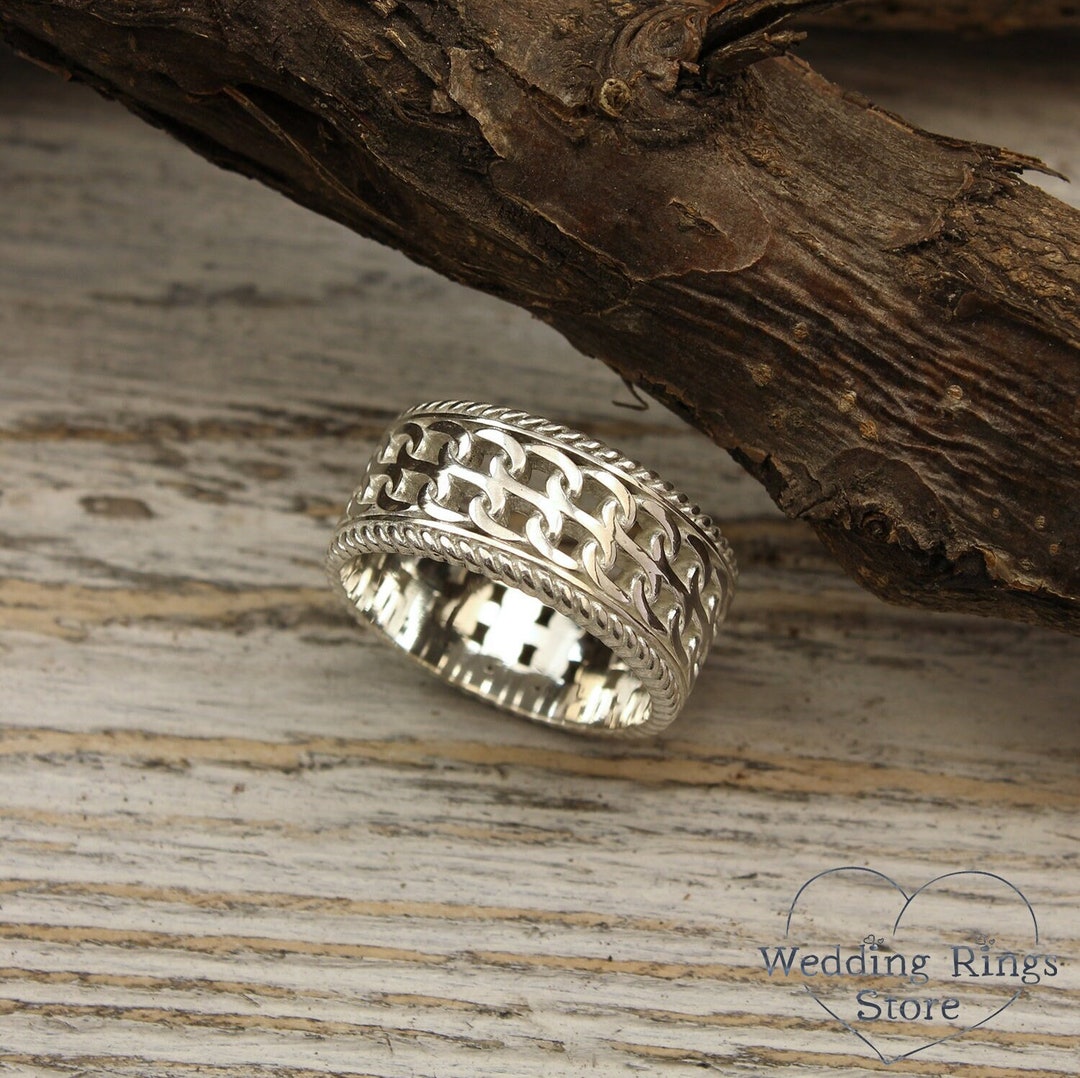 Silver Double Chain Link Ring - Wide Womens Filigree Wedding Band ...