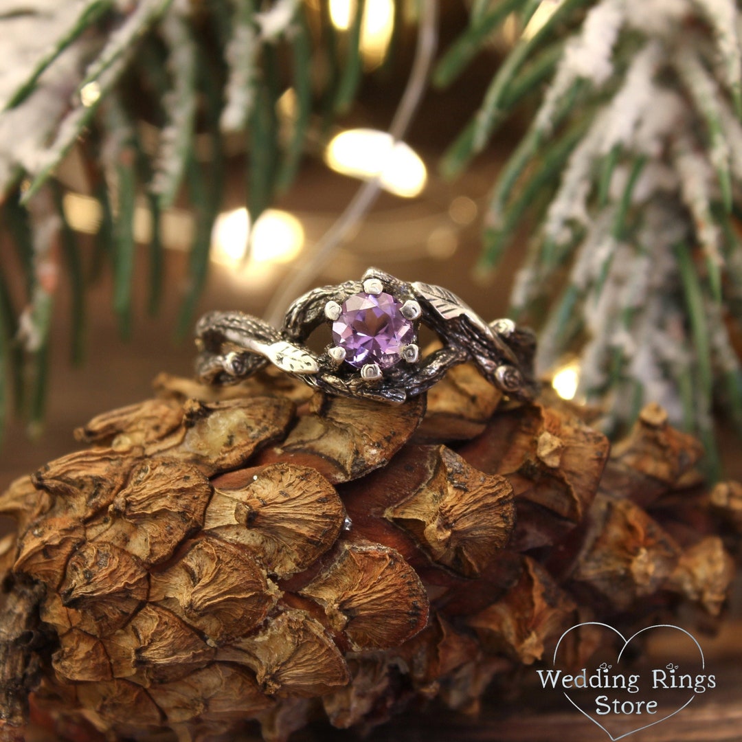 Amethyst Braided Twigs and Leaves Engagement Ring in Silver, Women’s ...
