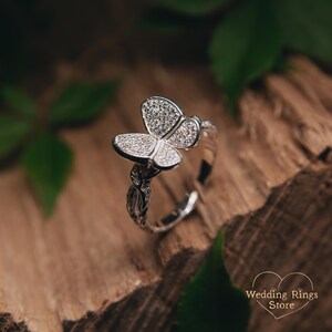 Large Silver Butterfly Ring Infinity Tree Branch With Leaves and Multi ...
