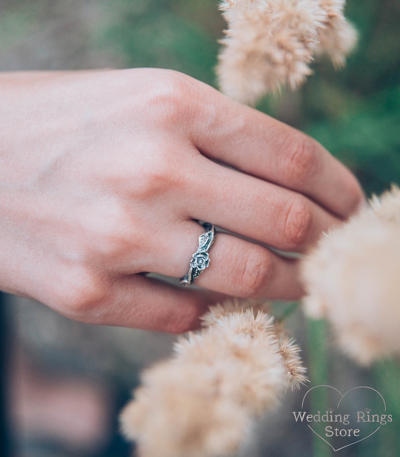 Nature Sterling Silver Flower Rose on Tiny Branch Ring for - Etsy