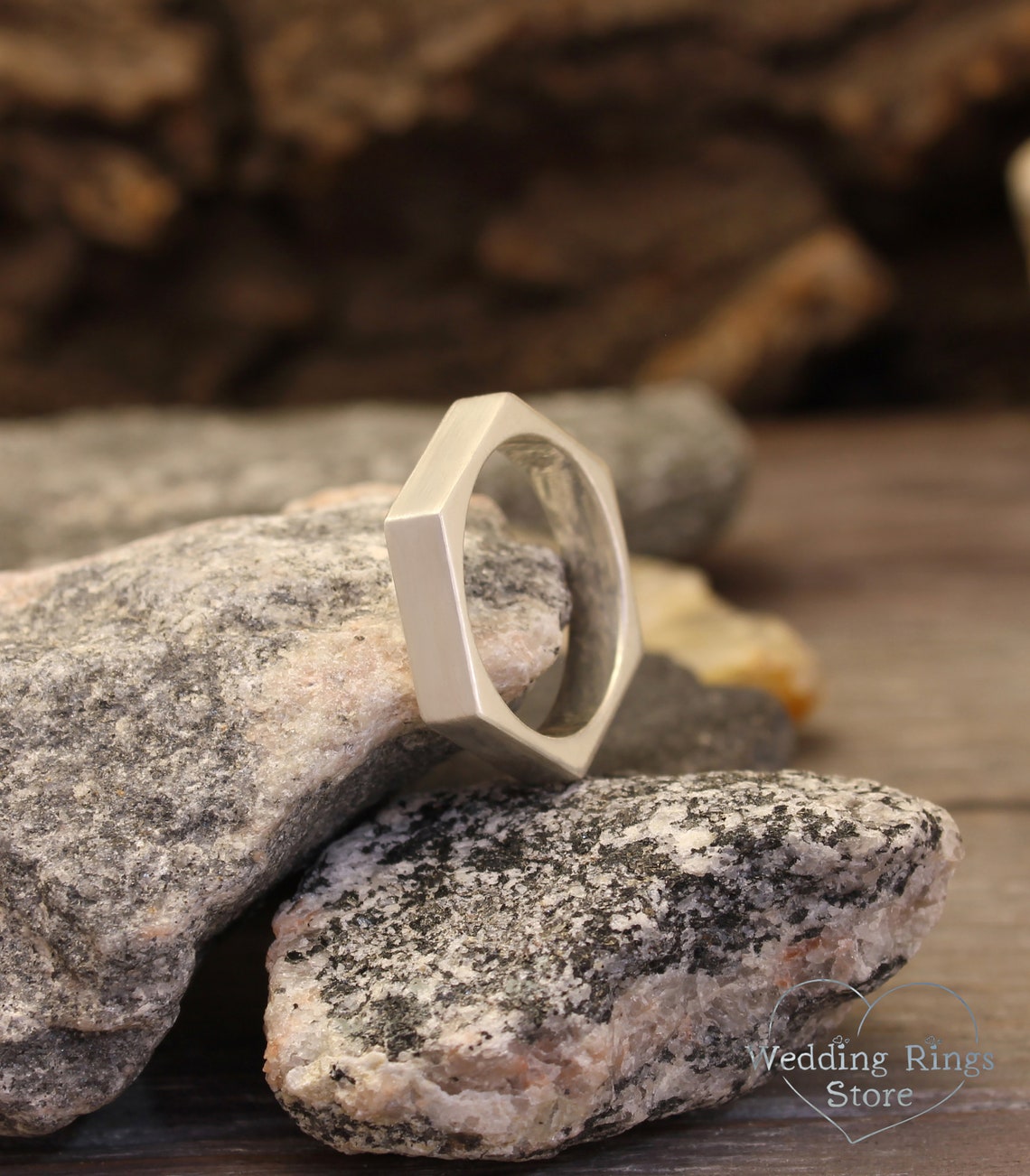 Hexagon Sterling Silver Wedding Ring, Men's Hexagon Matte Band, Durable ...