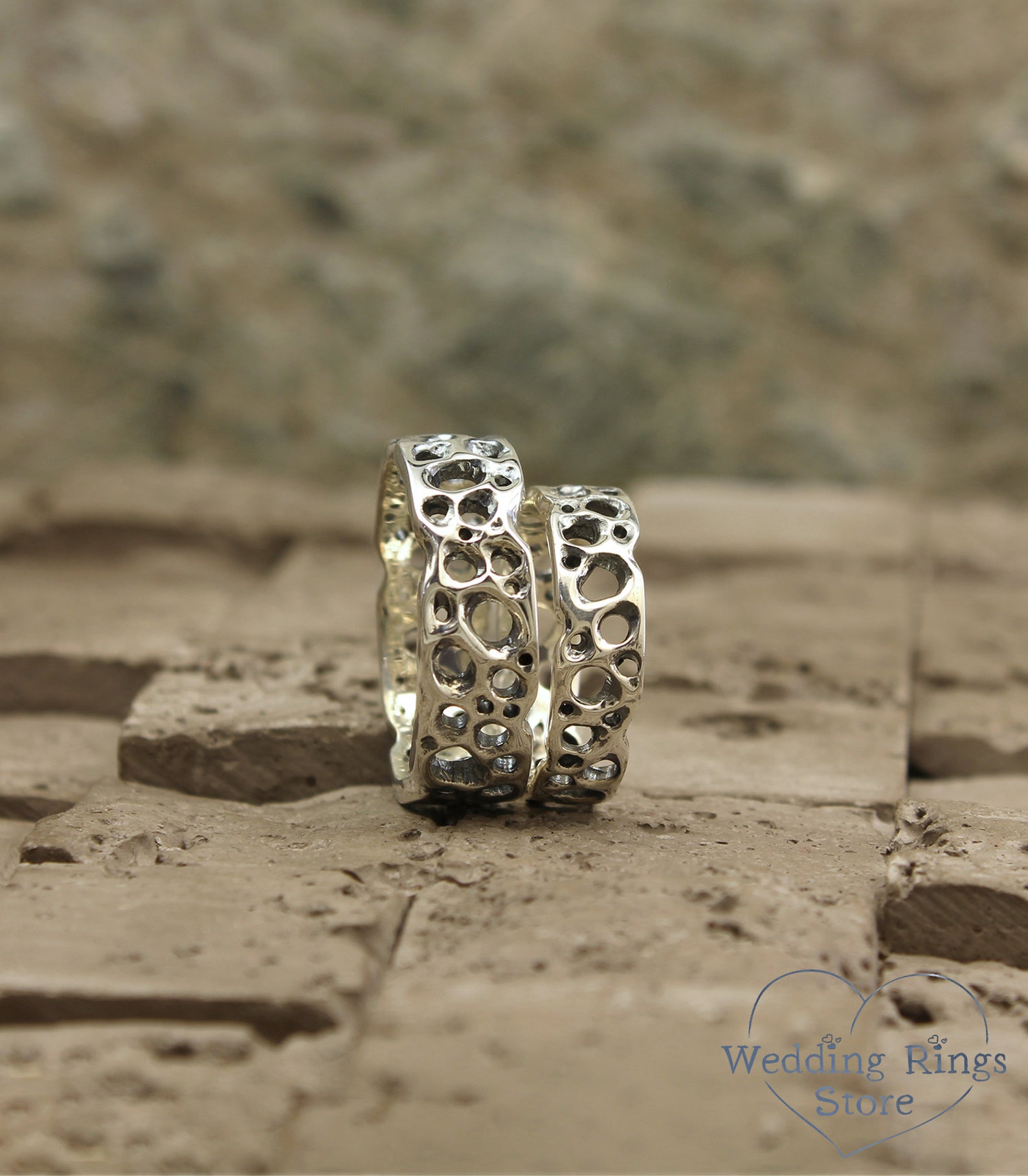 Oceans Silver Wedding Bands, Unusual Wedding Bands Set, His and Her ...