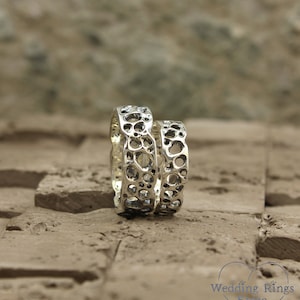Oceans Silver Wedding Bands, Unusual Wedding Bands Set, His and Her ...