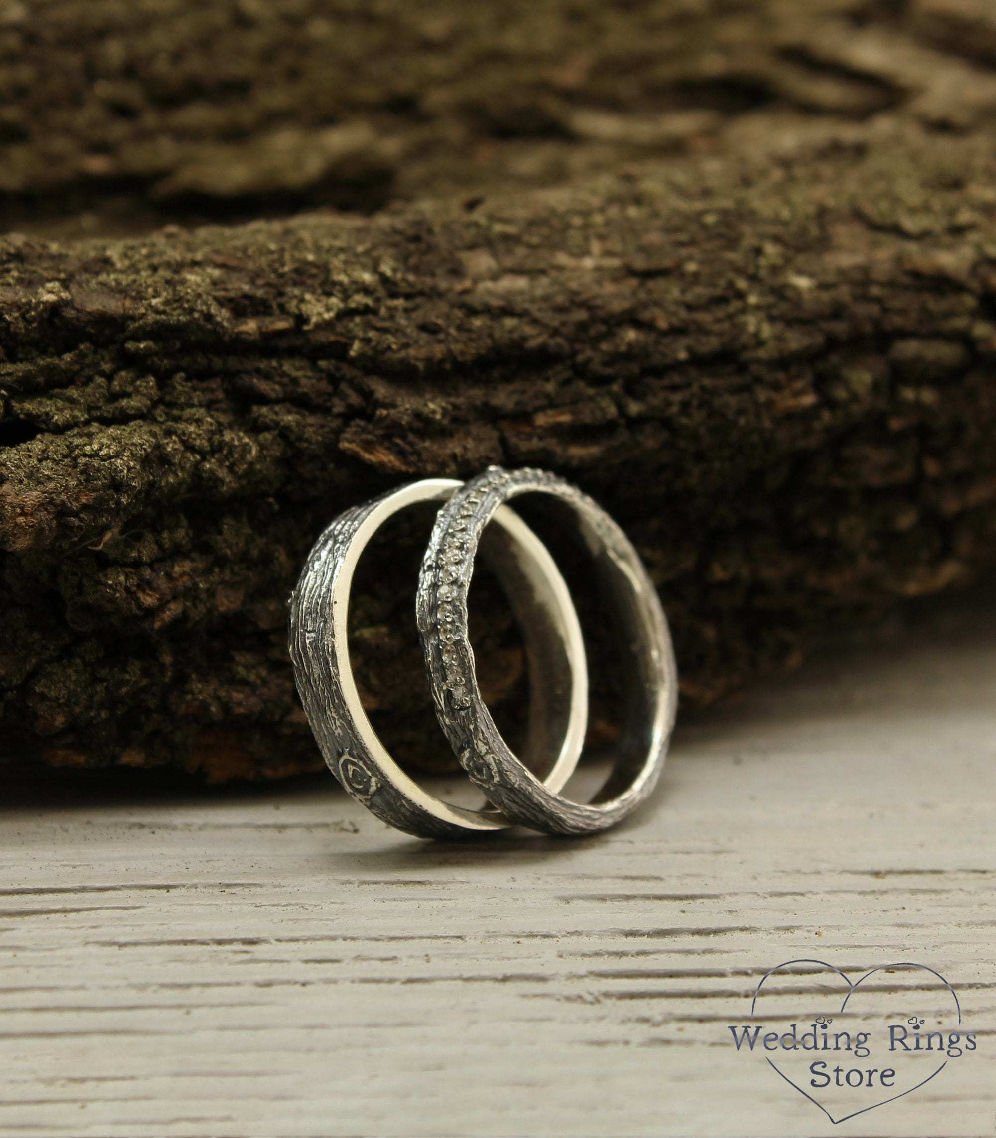 His and Her band set Forest rings set Tree bark bands | Etsy