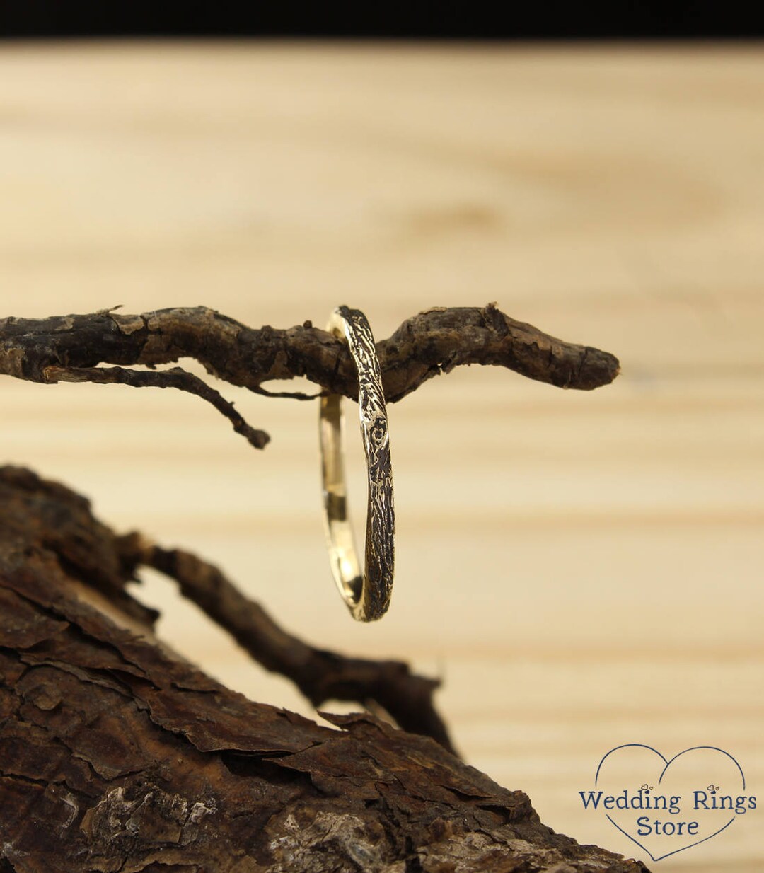 Tree Dainty Wedding Band, Tree Bark Band in Black Finish, Nature ...
