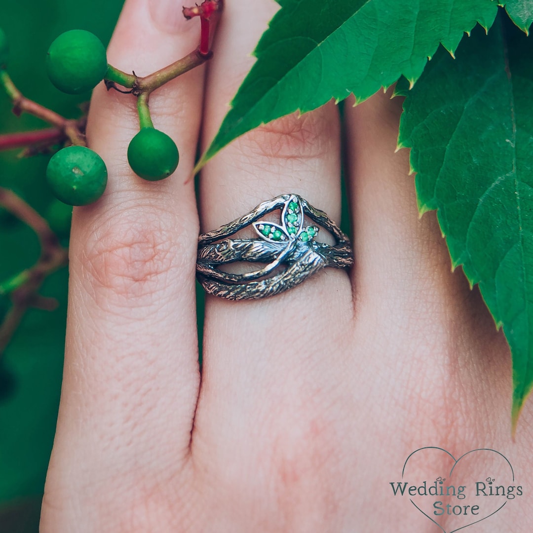 Emerald Leaf and Braided Twig Silver Ring Womens, Elegant Nature ...