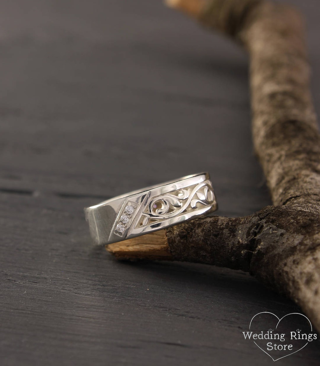 Vintage Style Wedding Band, Silver Nature Ring, Leaves Band, 5mm Silver ...