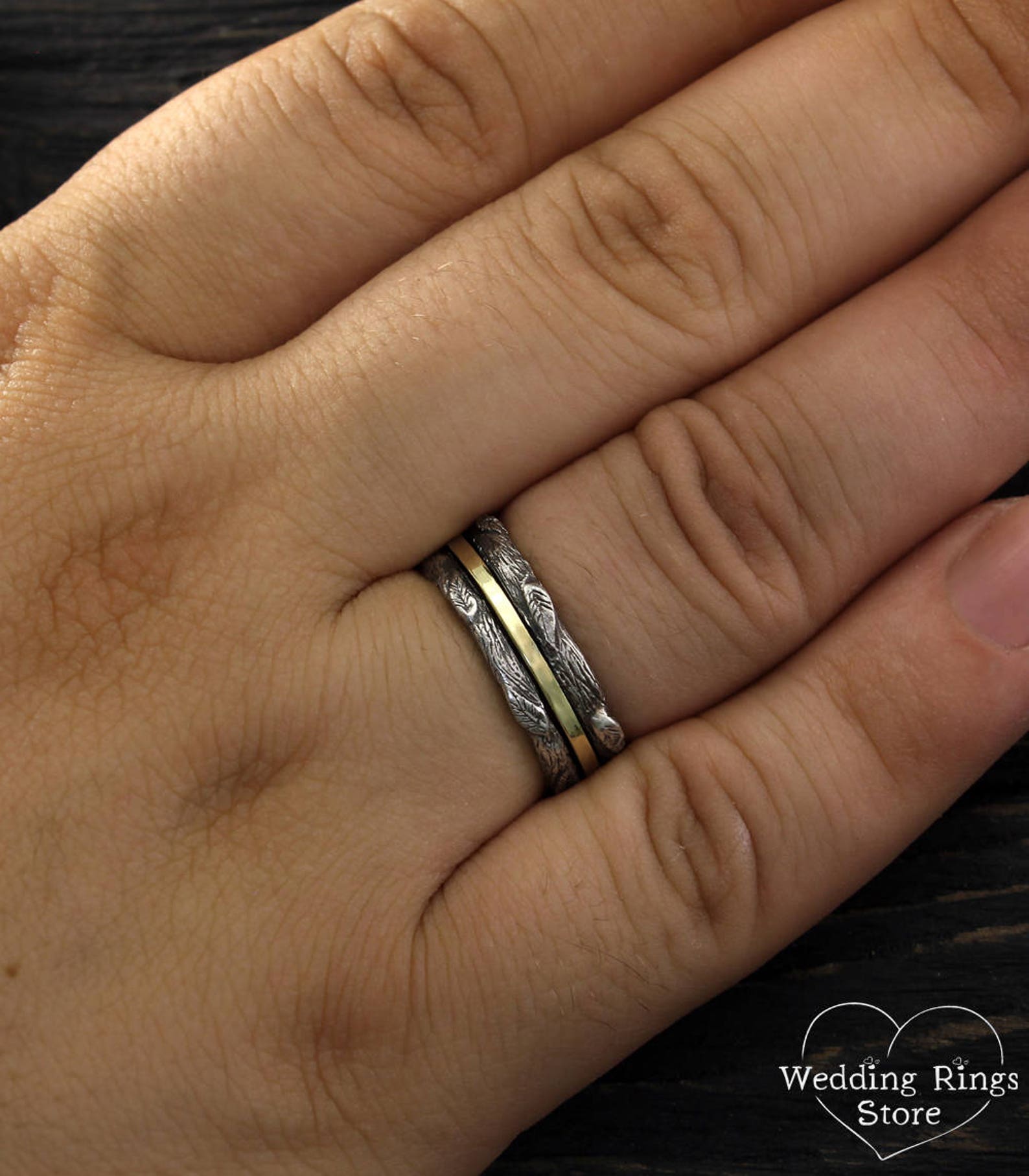 Silver and Gold branch wedding band Mixed metals leaves ring | Etsy