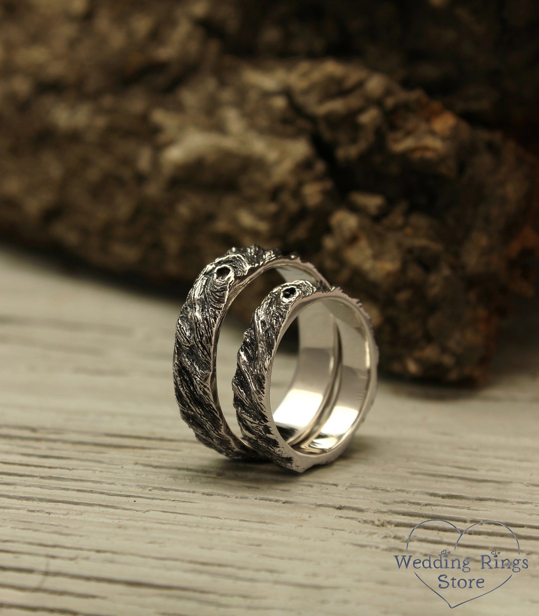 Woodbark Wedding Bands Set, His Her Tree Bark Rings Set, Unique Wild ...
