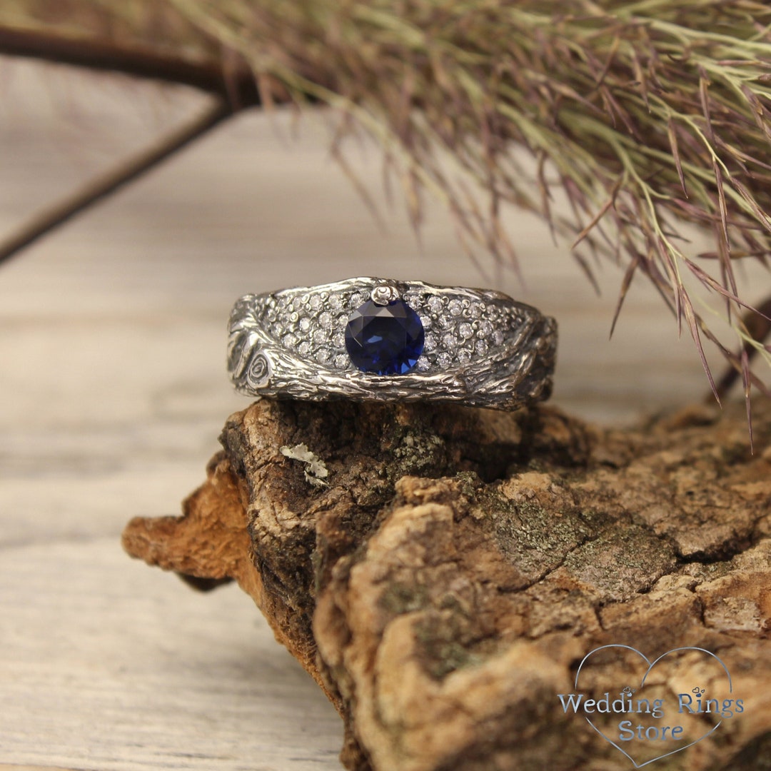Sapphire Tree Bark Sliver Band, Chunky Branch Ring for Woman, Unusual ...