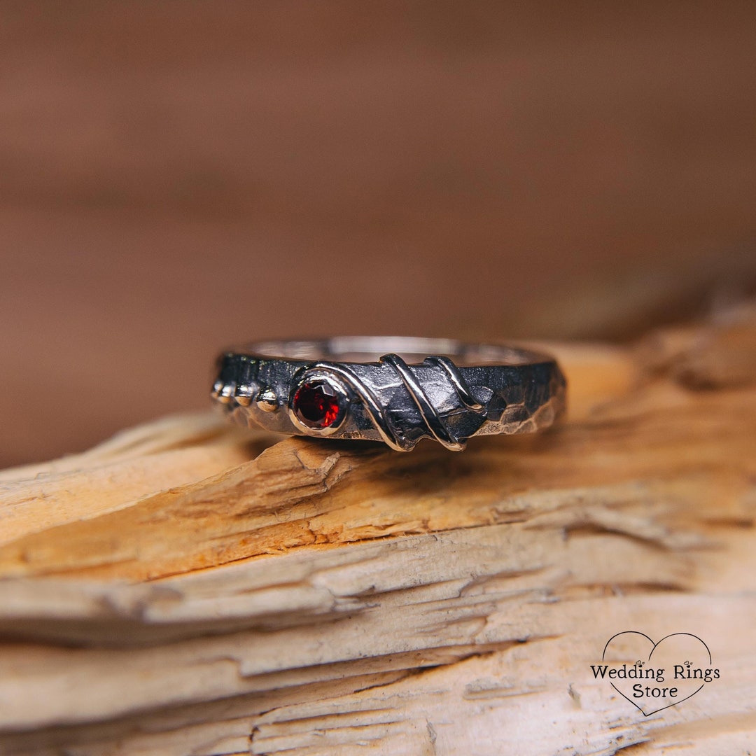 Unique Garnet Ring Hammered & Spiked - Durable Silver Textured Gemstone ...