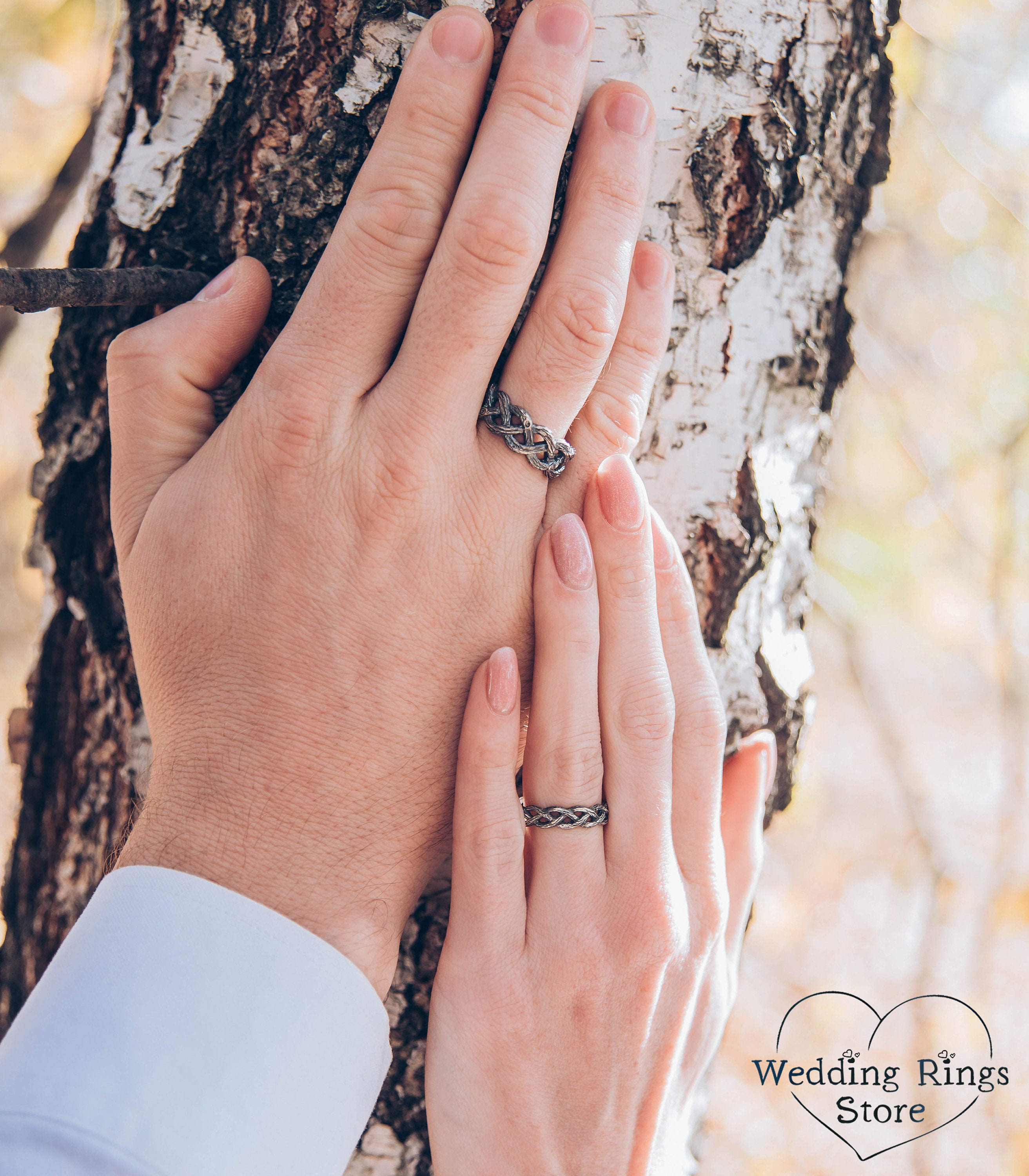 Braided Tree Branch Silver Wedding Ring Set for Him and Her - Etsy