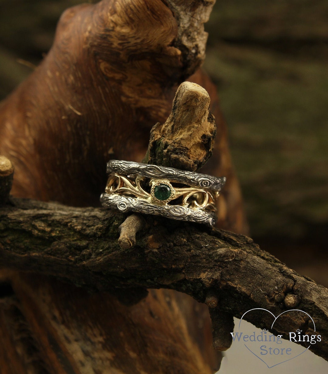 Vintage Style Vine and Tree Bark Band With Emerald, Unique Emerald ...